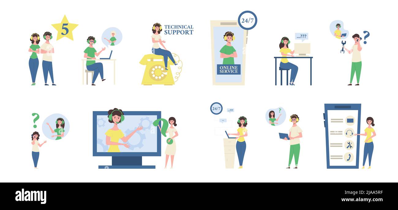 Technical IT support set with helpdesk symbols flat isolated vector ...