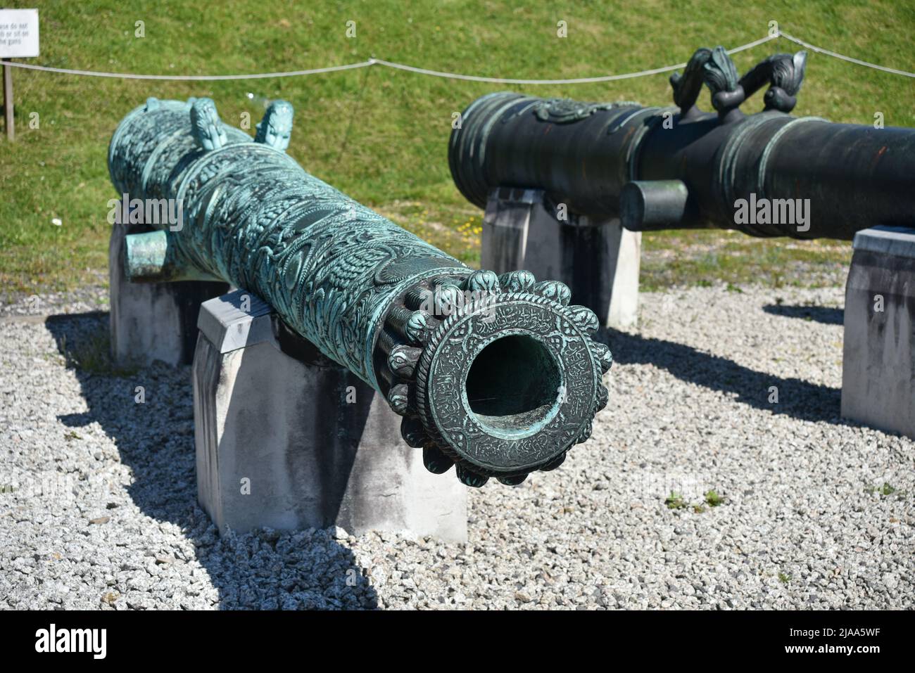 A very ornate and detailed cannon on display at Fort Nelson, near ...