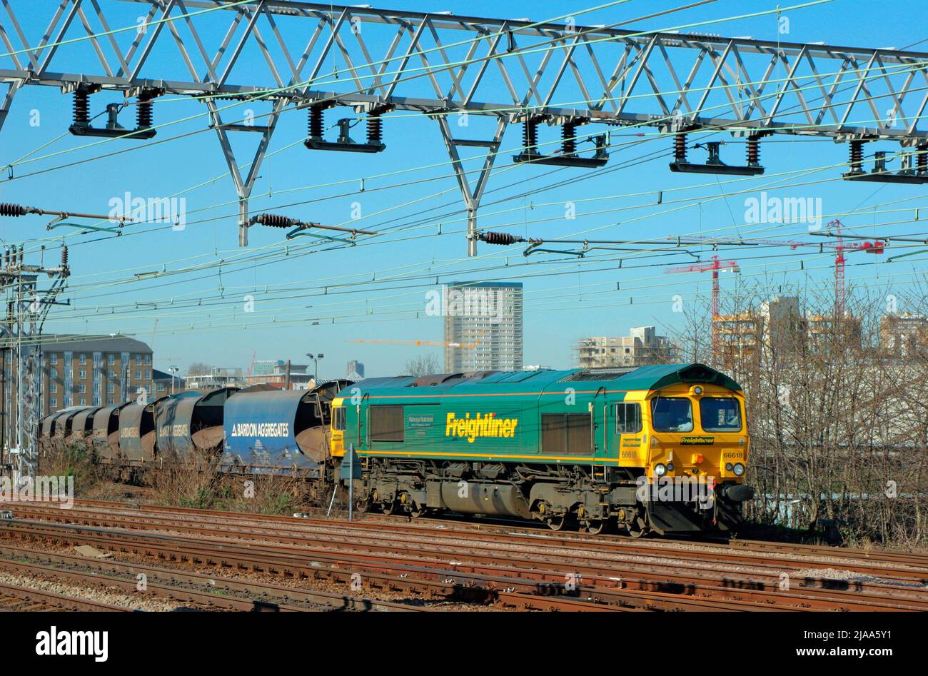 A Freightliner class 66 diesel locomotive number 66618 waits to depart ...