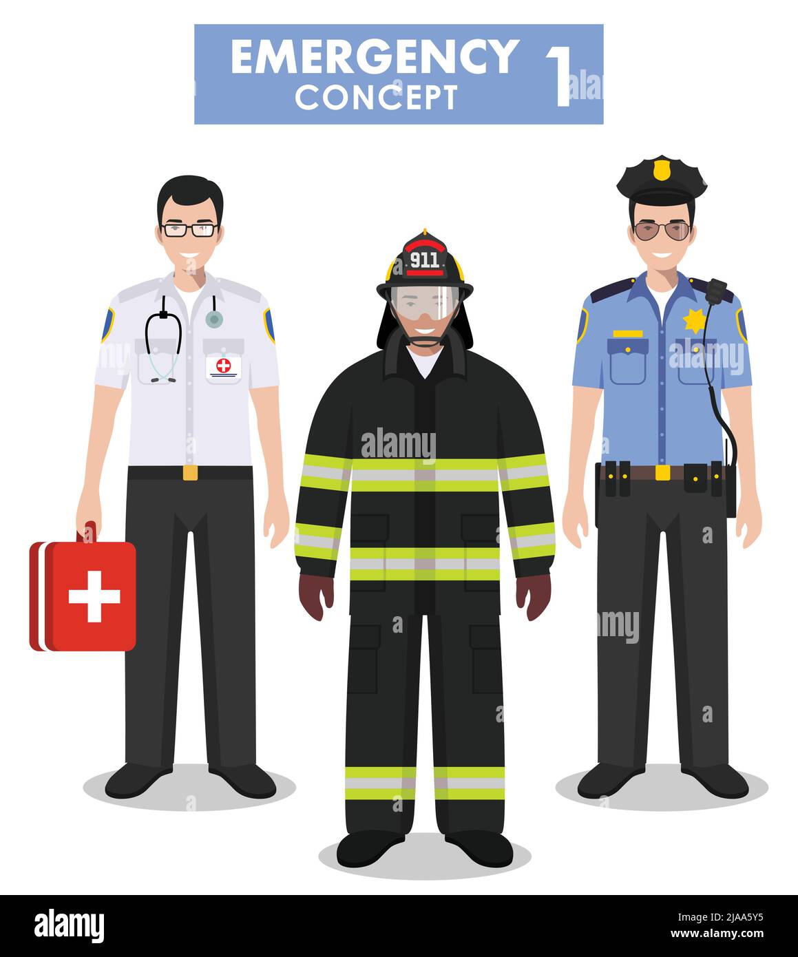 Detailed illustration of fireman, emergency doctor, police officer in ...