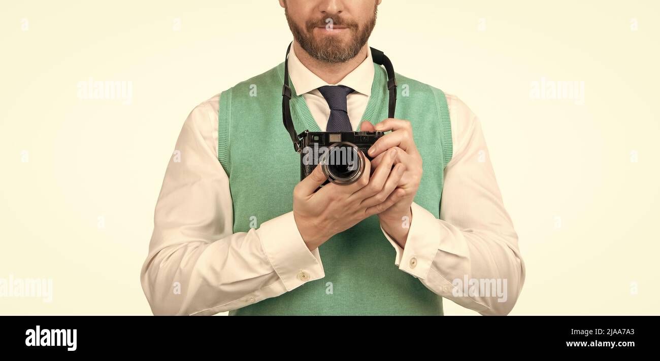 cropped man hold retro photo camera isolated on white background, copy ...