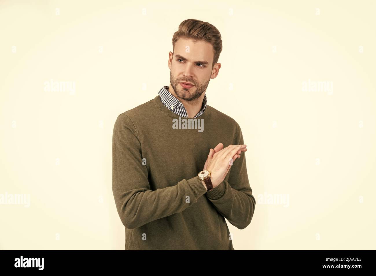 express confidence. male fashion accessory. concept of time. guy ...