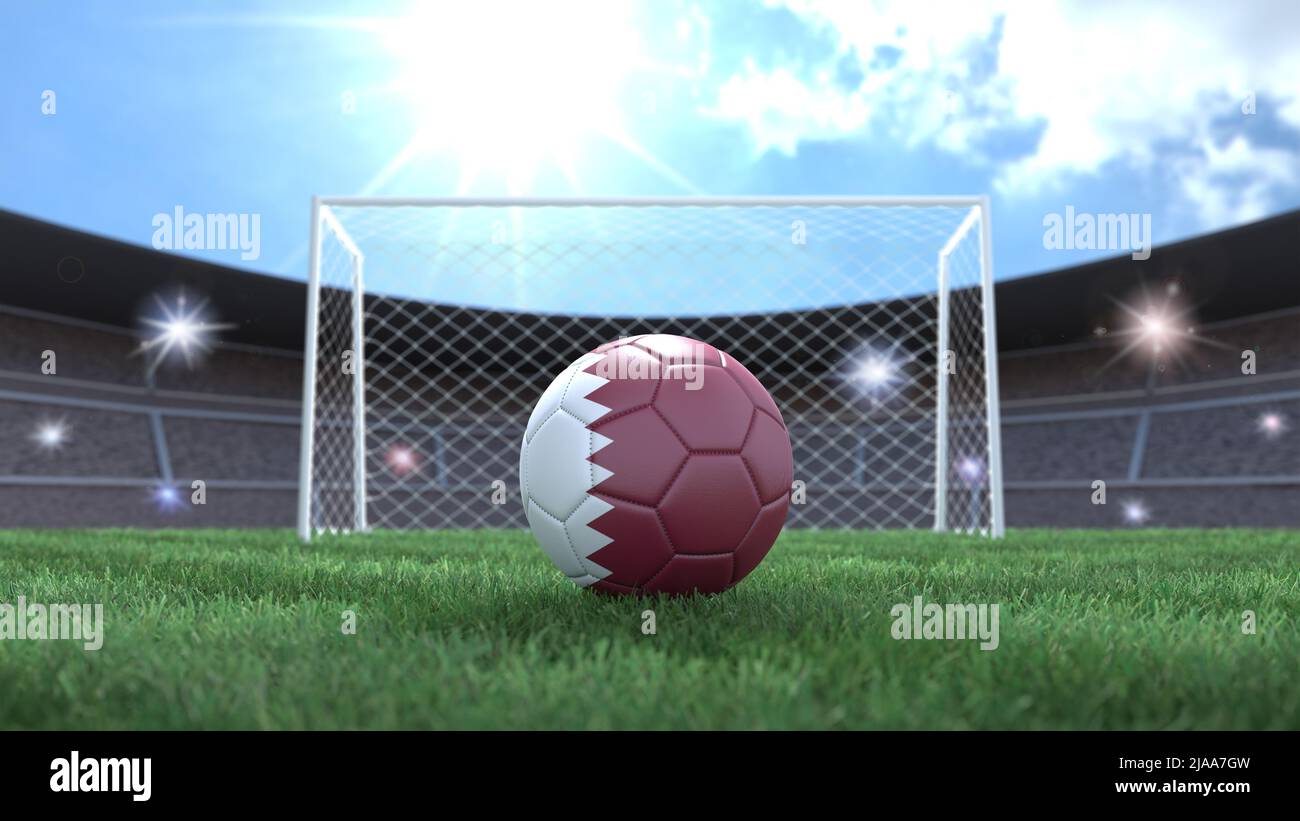 Soccer ball in flag colors on a bright sunny stadium background. Qatar ...