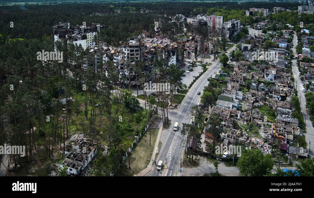 Irpin, Ukraine - May 15, 2022: Destroyed buildings on the streets of ...