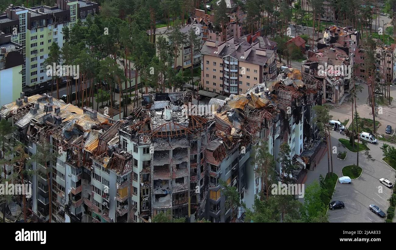 Irpin, Ukraine - May 15, 2022: Destroyed buildings on the streets of ...