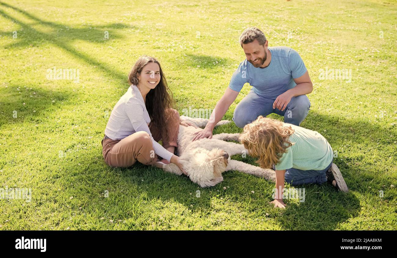happy family of mother dad and child son playing with pet dog in summer ...