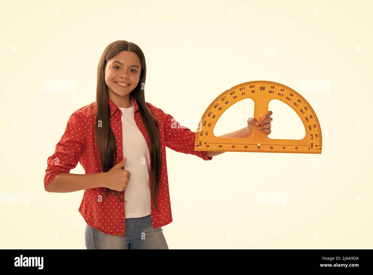 happy child hold protractor study mathematics at school showing thumb ...