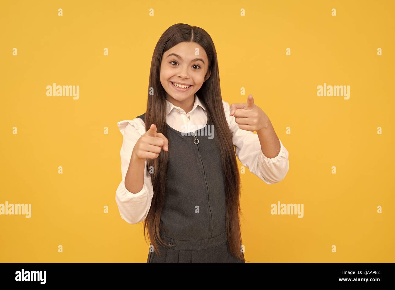 First day at school. Happy kid smile pointing fingers. September 1 ...