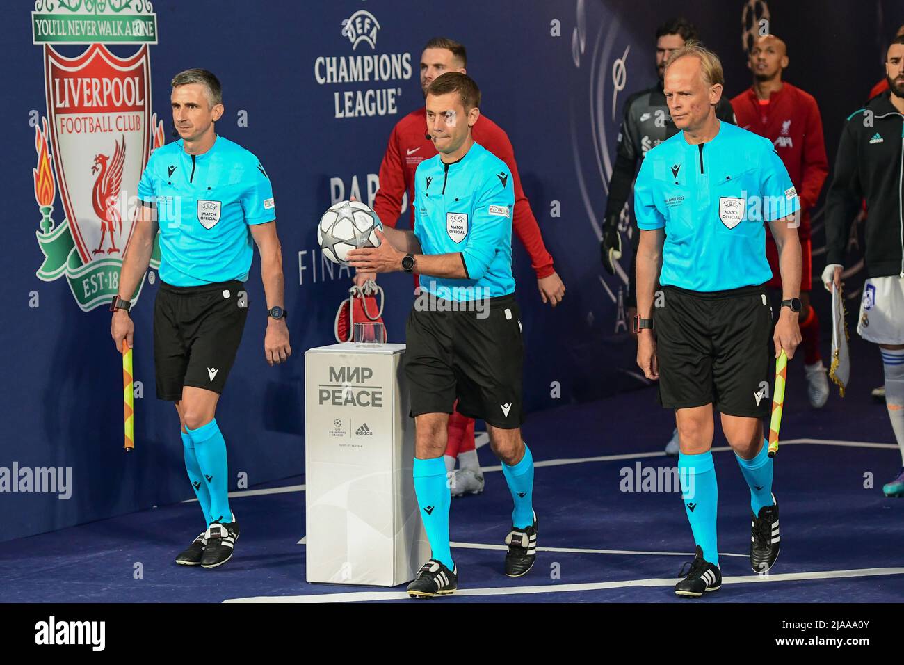 Paris, France. 28th May, 2022. Referee Clement Turpin (C) enters the ...
