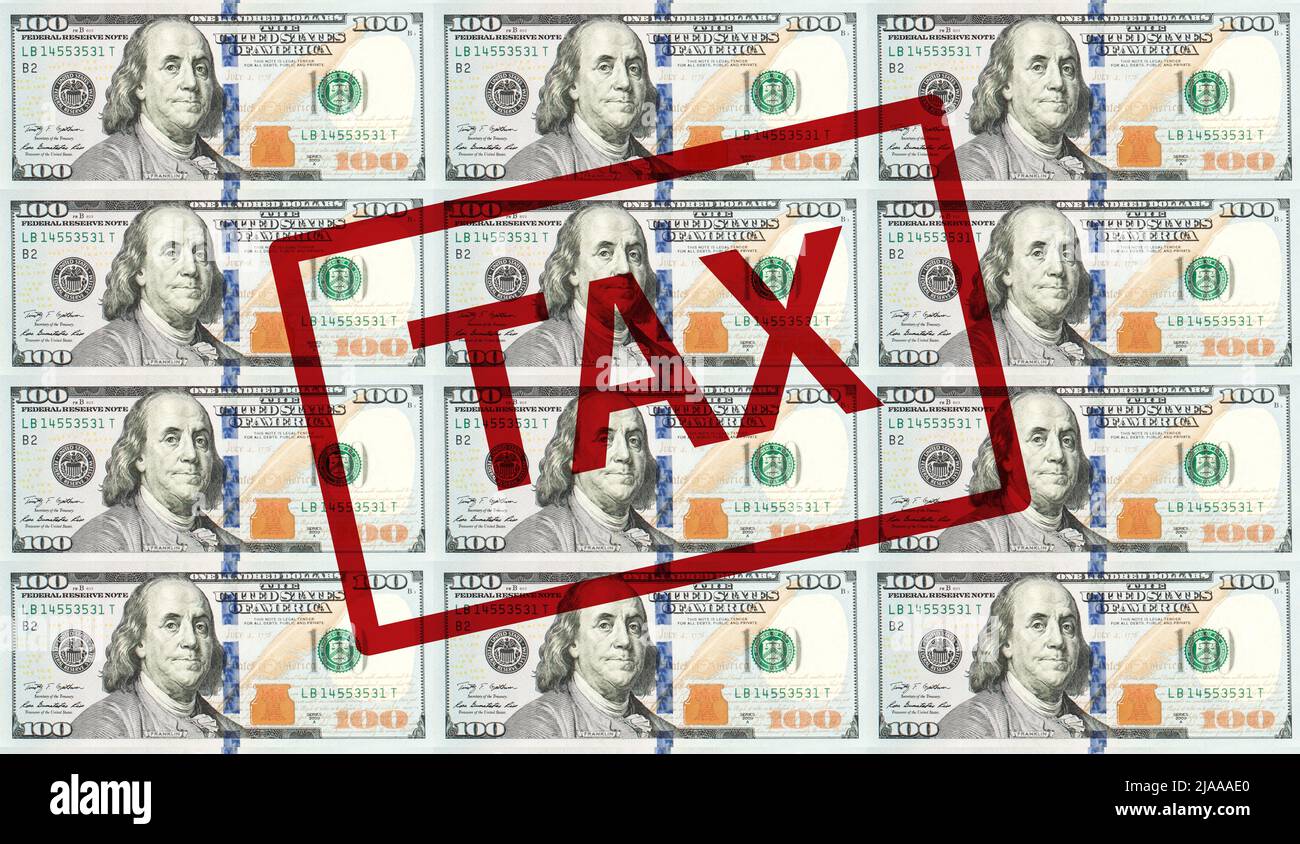 Red tax mark stamp on 100 us dollar banknotes in row background Stock ...