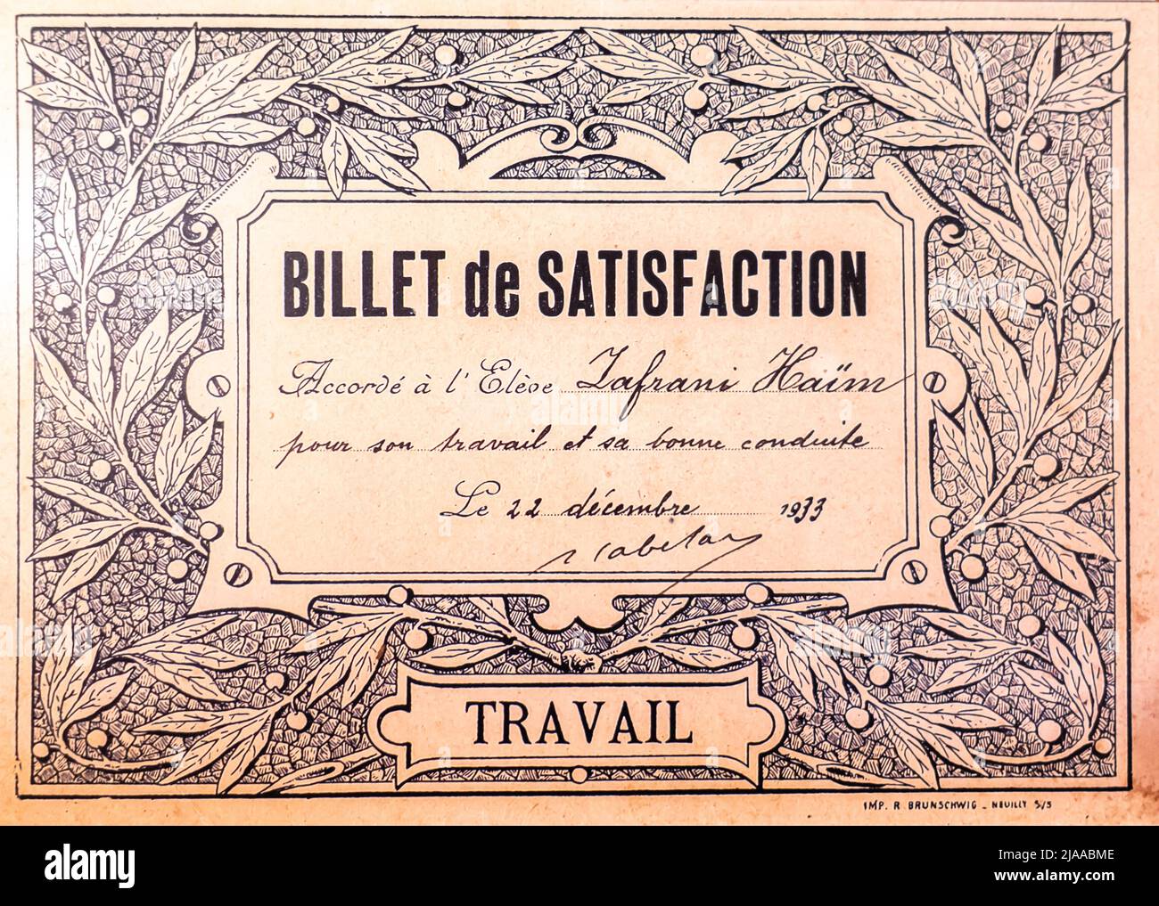 Billet de satisfaction certificate for good behavior in school given to ...