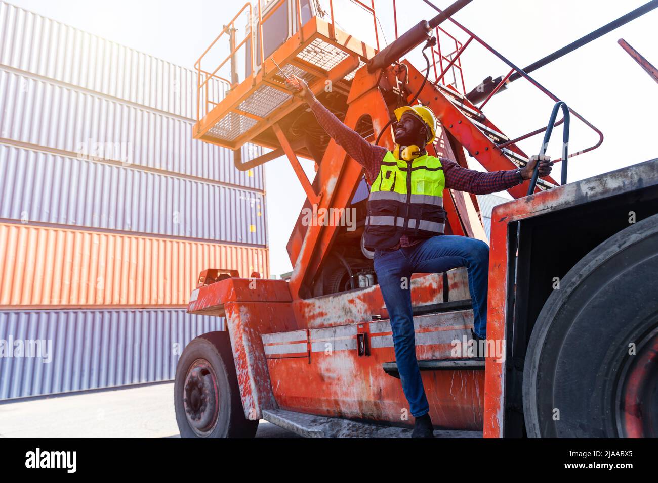 black worker African working engineer foreman in port cargo shipping ...