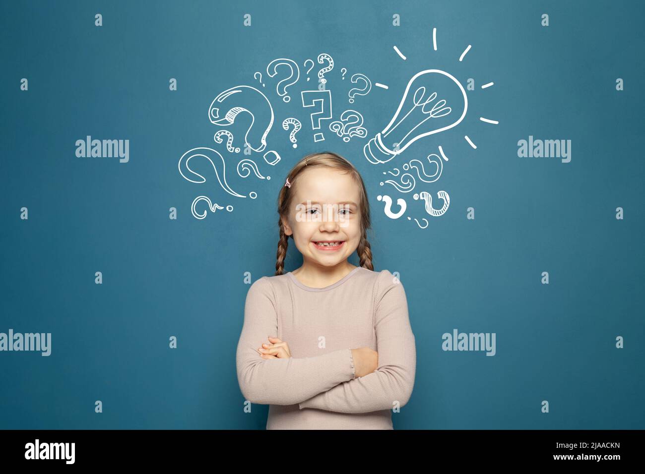 Portrait of child girl smiling. Success, idea and innovation concept ...