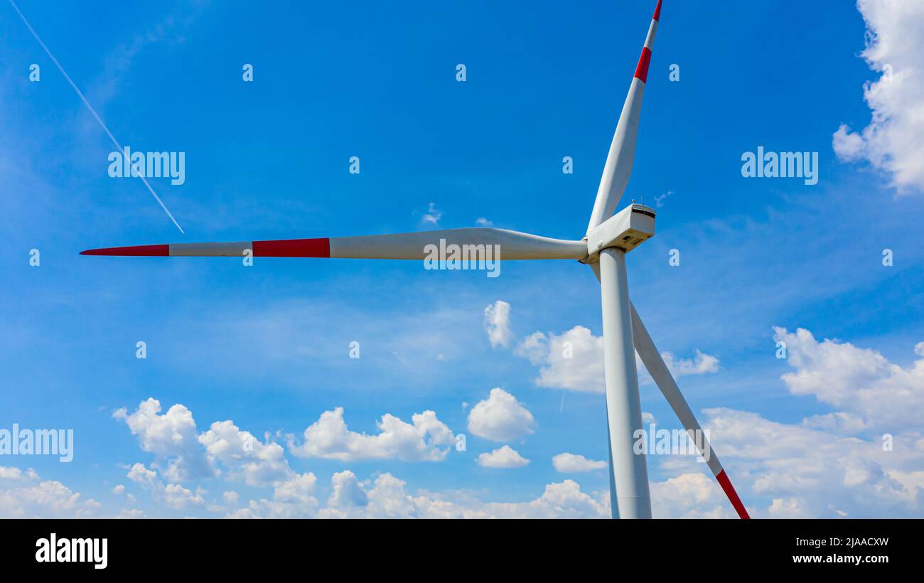 View on wind generator, turbines, with rotating blades, propellers ...