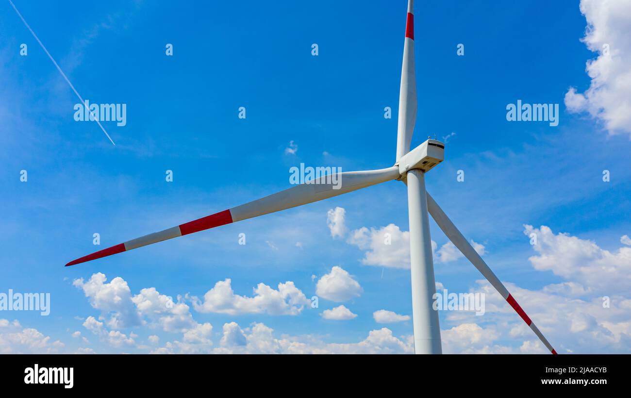 View on wind generator, turbines, with rotating blades, propellers ...