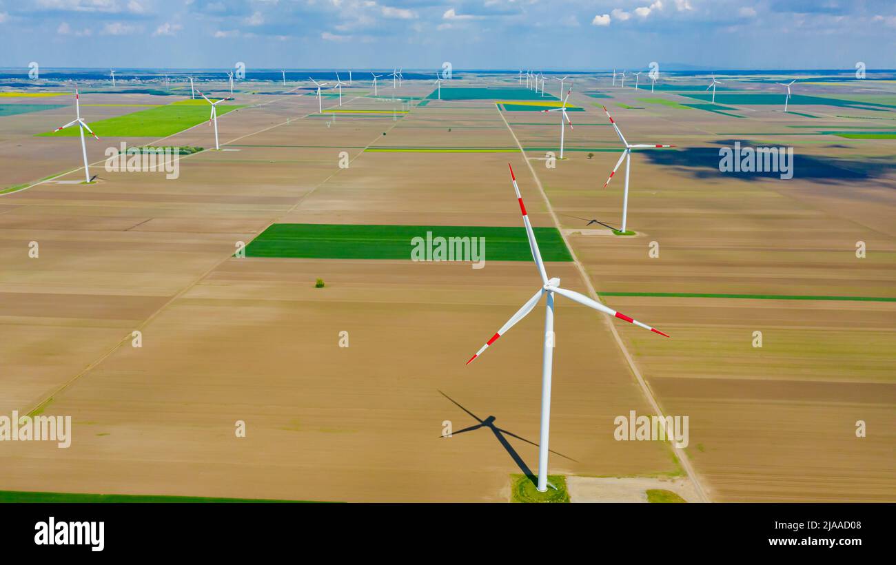 Above view on farm of large wind power turbines are standing among ...