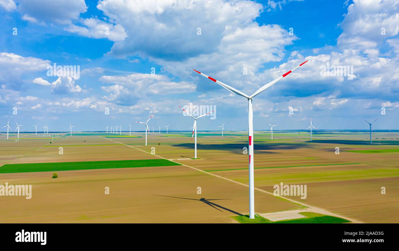 Above view on farm of large wind power turbines are standing among ...