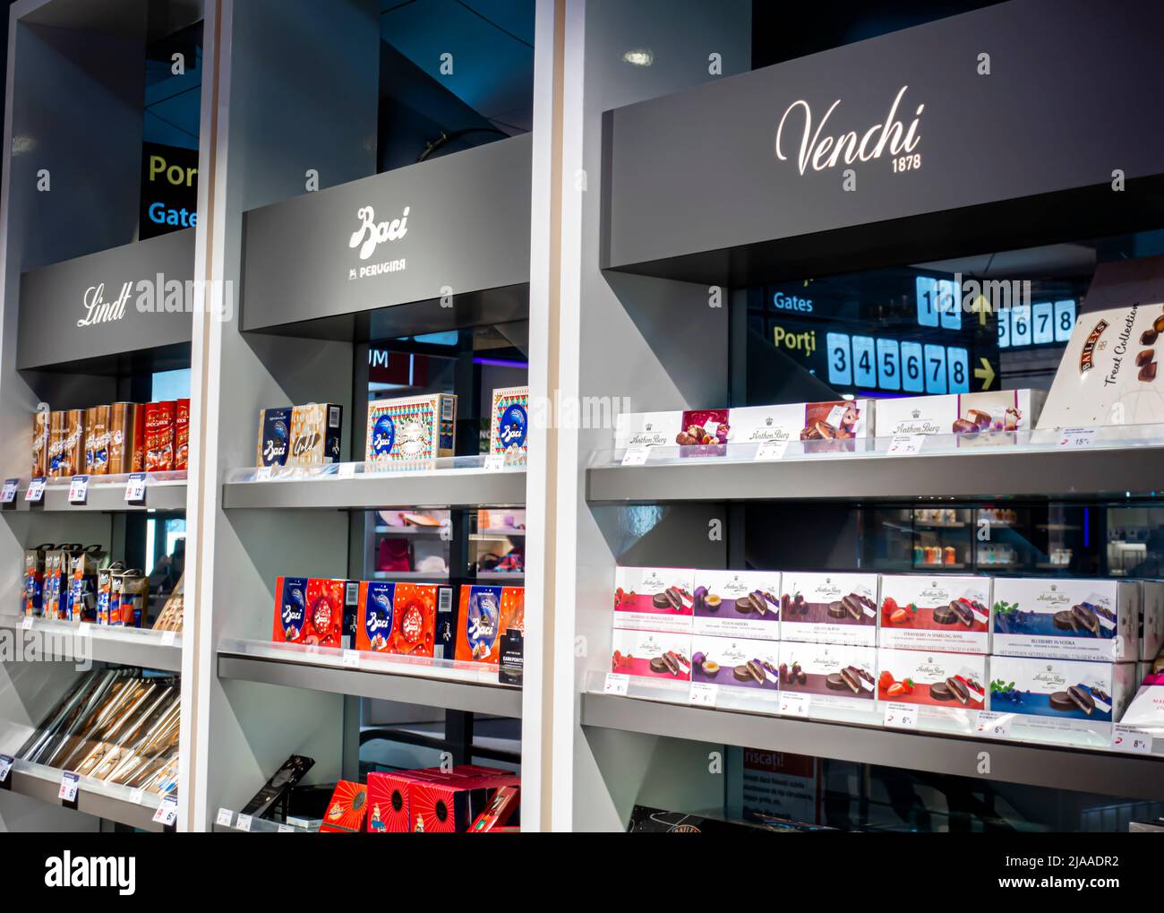 Venchi, brands gourmet chocolate at duty free shop inside the Henri Coandă International Airport ...