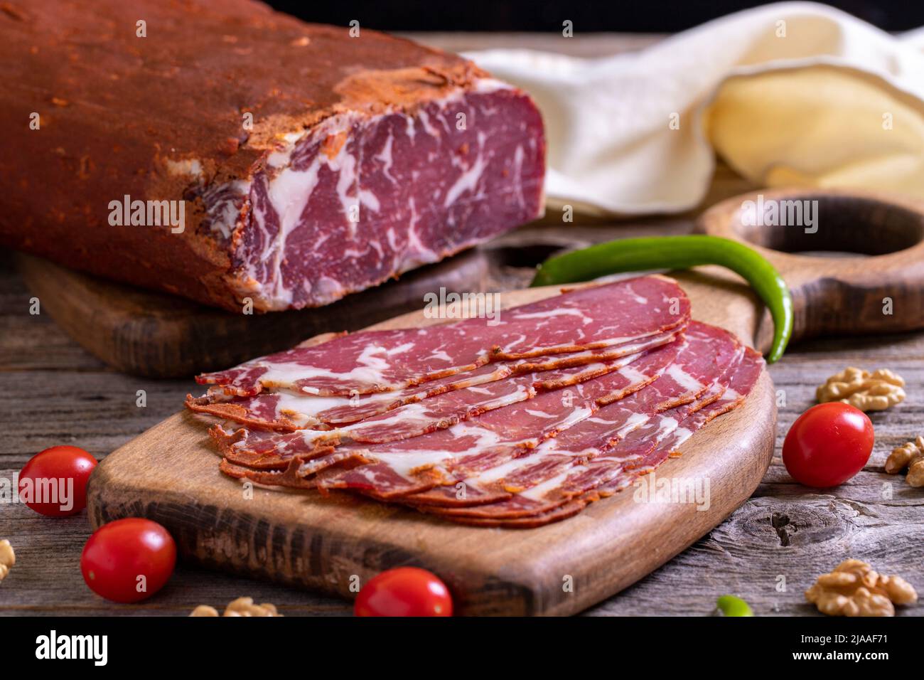 Turkish pastrami. Bacon made from ribeye meat. Beef pastrami sliced ...