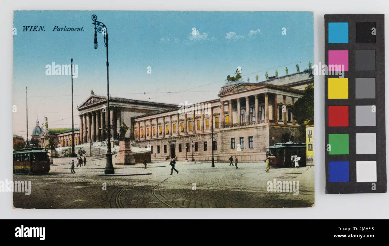 1., Dr.-Karl-Renner-Ring 3-Parliament, with tramways, postcard. Wiener ...