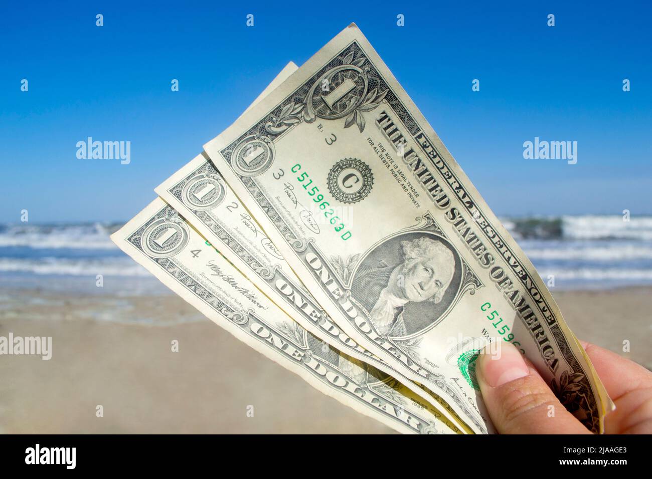 Person holding three paper dollar bills on background of sea and sea ...