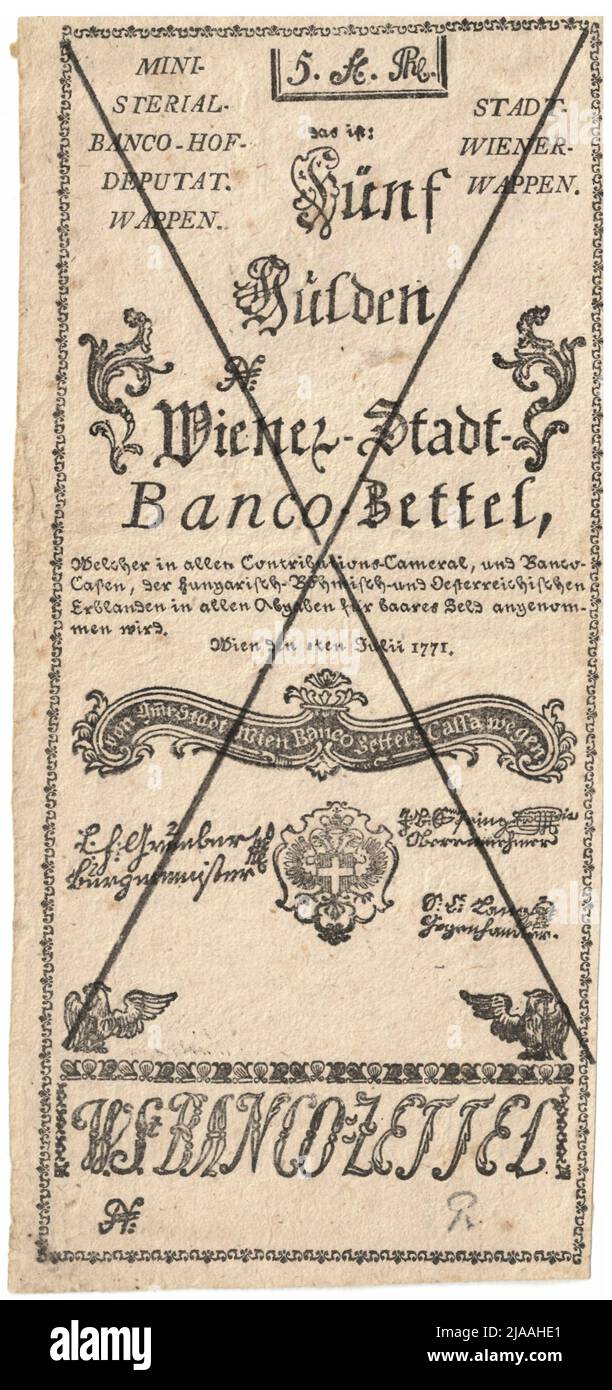 Banco notes, 5 guilders. Wiener Stadt-Banco, Mint Authority Stock Photo ...