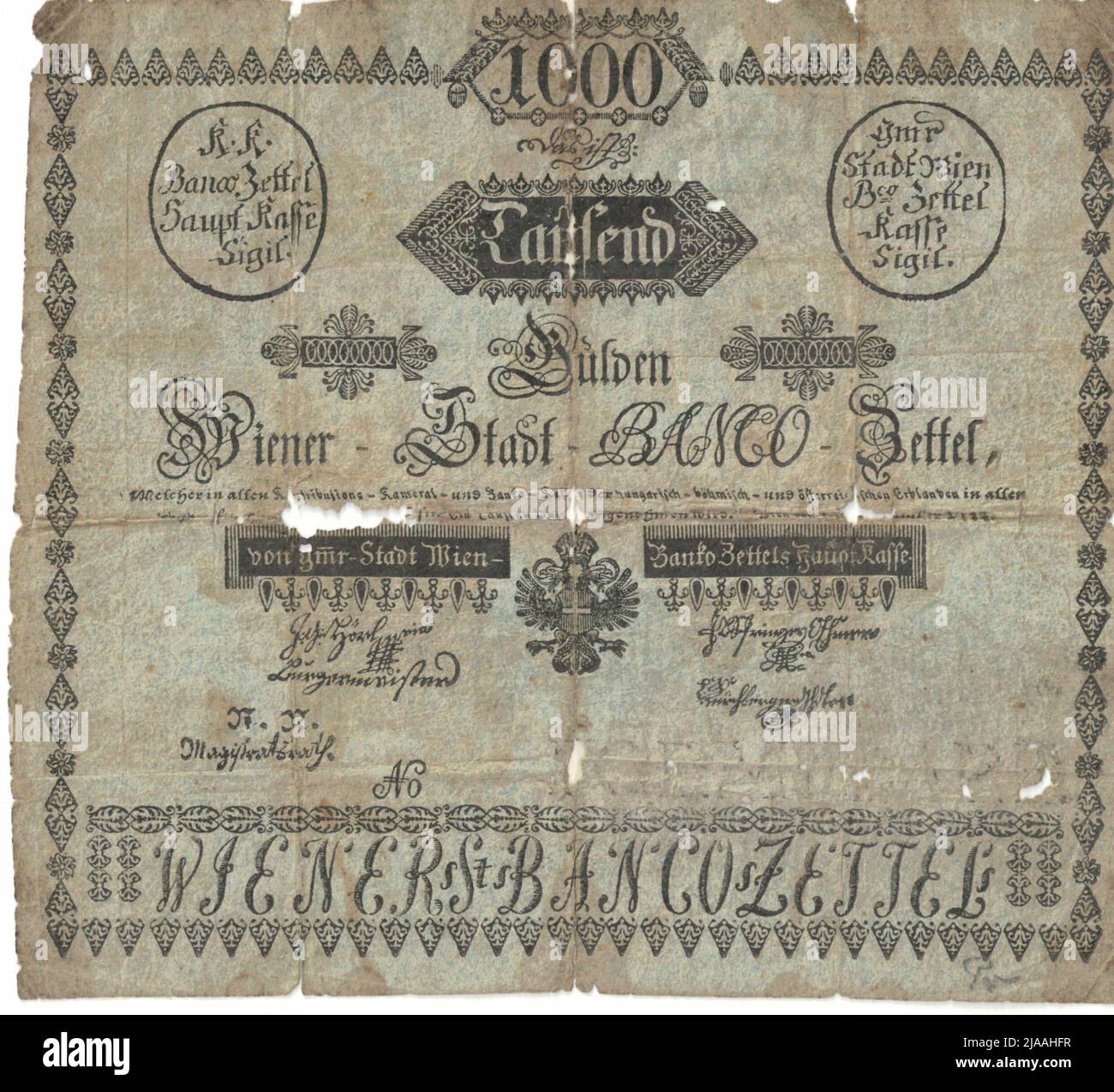 Banco notes, 1000 guilders. Wiener Stadt-Banco, Mint Authority Stock ...
