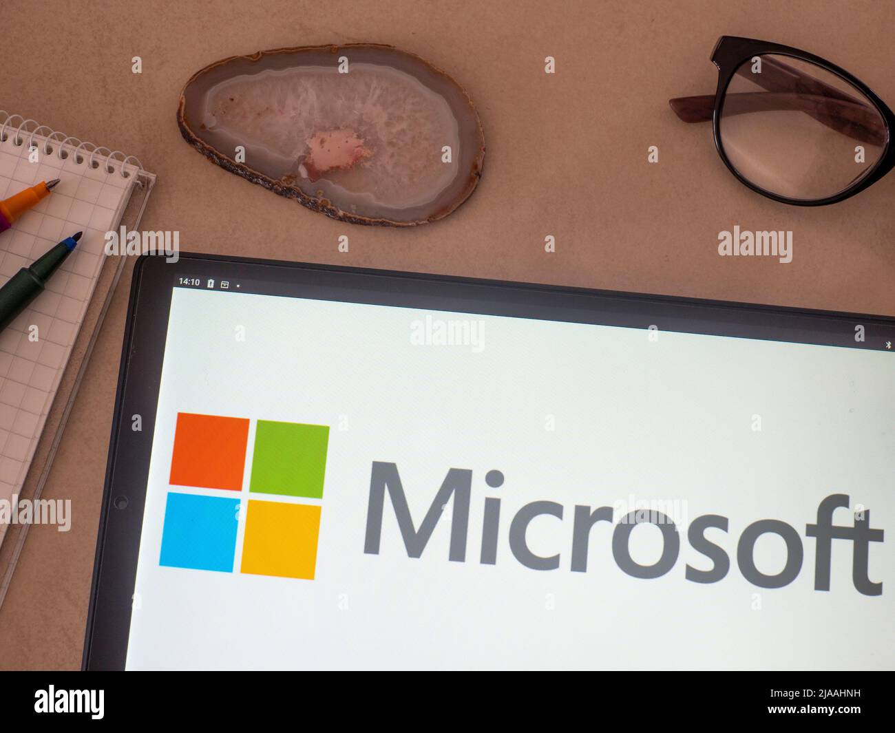 In this photo illustration Microsoft Corporation logo seen displayed on ...