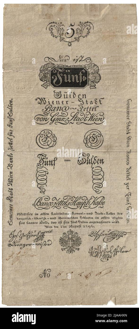 Banco notes, 5 guilders. Wiener Stadt-Banco, Mint Authority Stock Photo ...