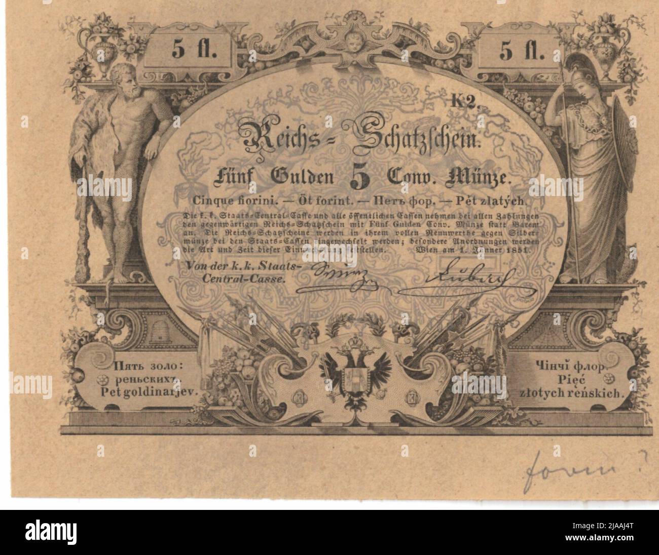 Reich treasure certificate (form), 5 guilders. K. K. State Central ...