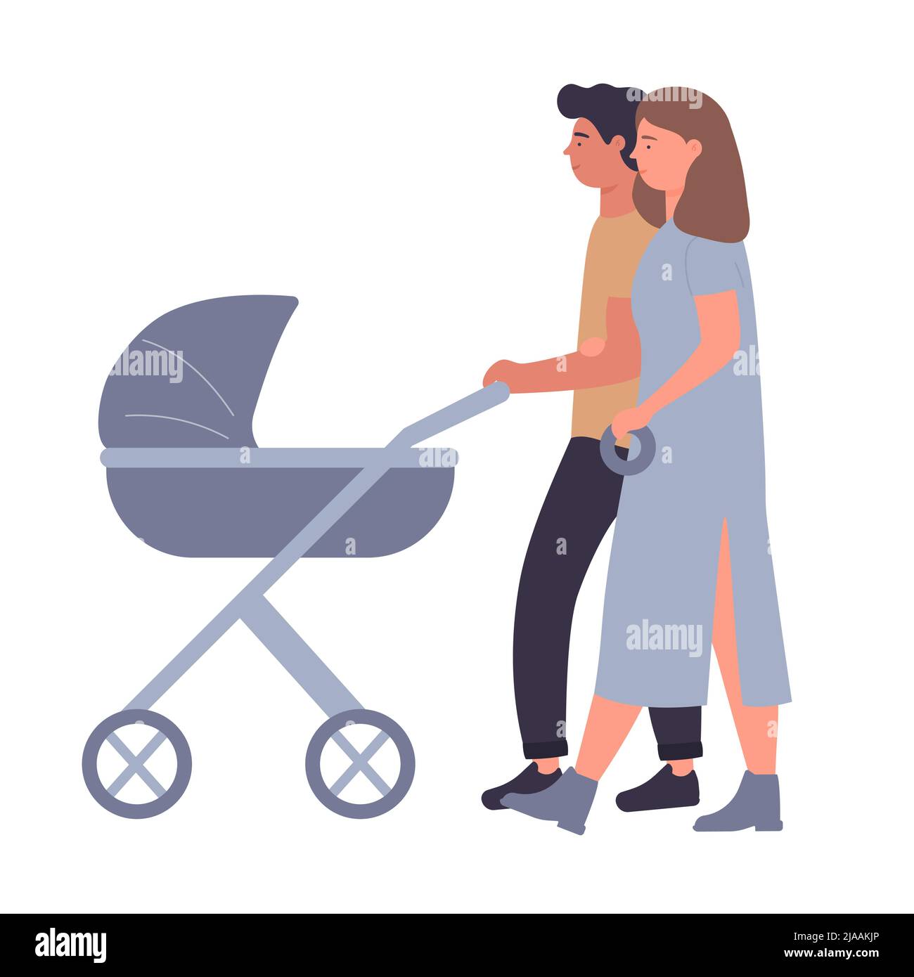 Young couple parents walking with baby carriage. Happy family spending ...