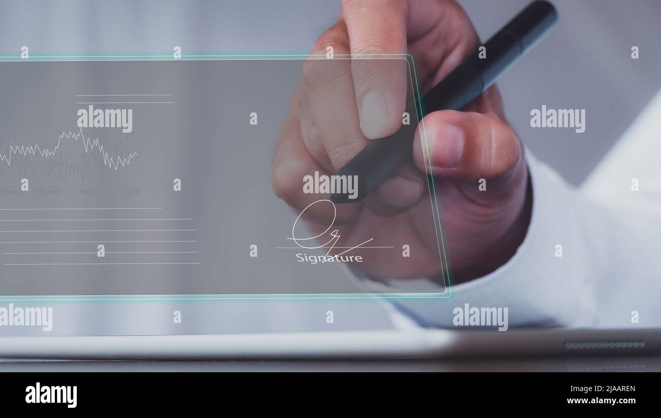 businessman use electronic pen sign signature on electronic E-signing ...