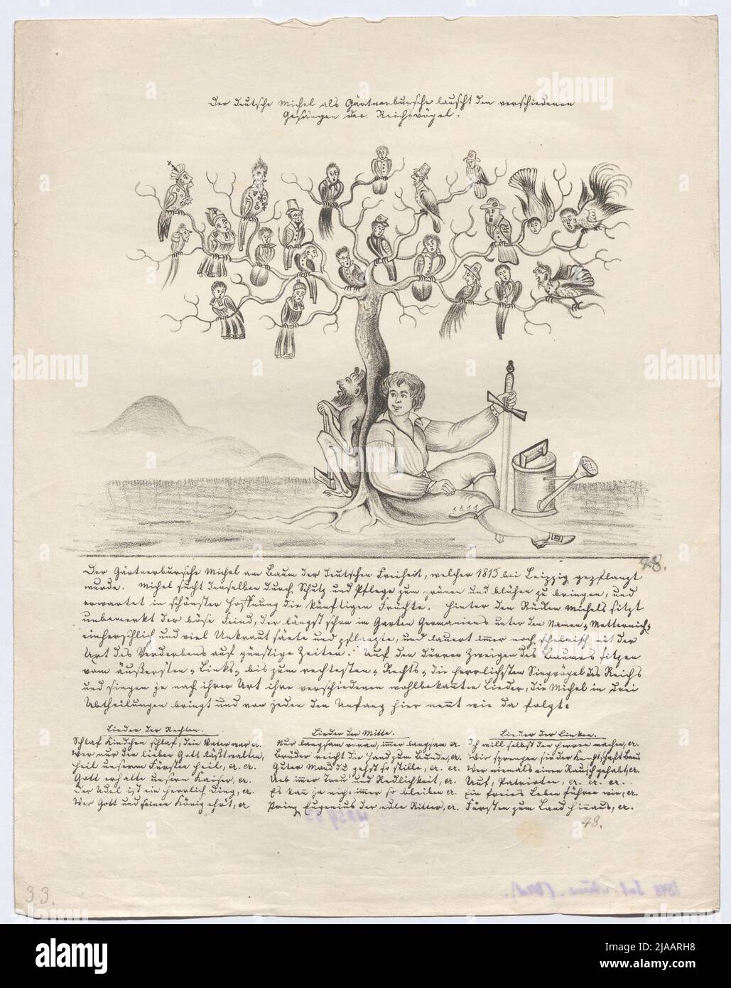 "The German Michel as a gardener boy listens to the various chants of ...