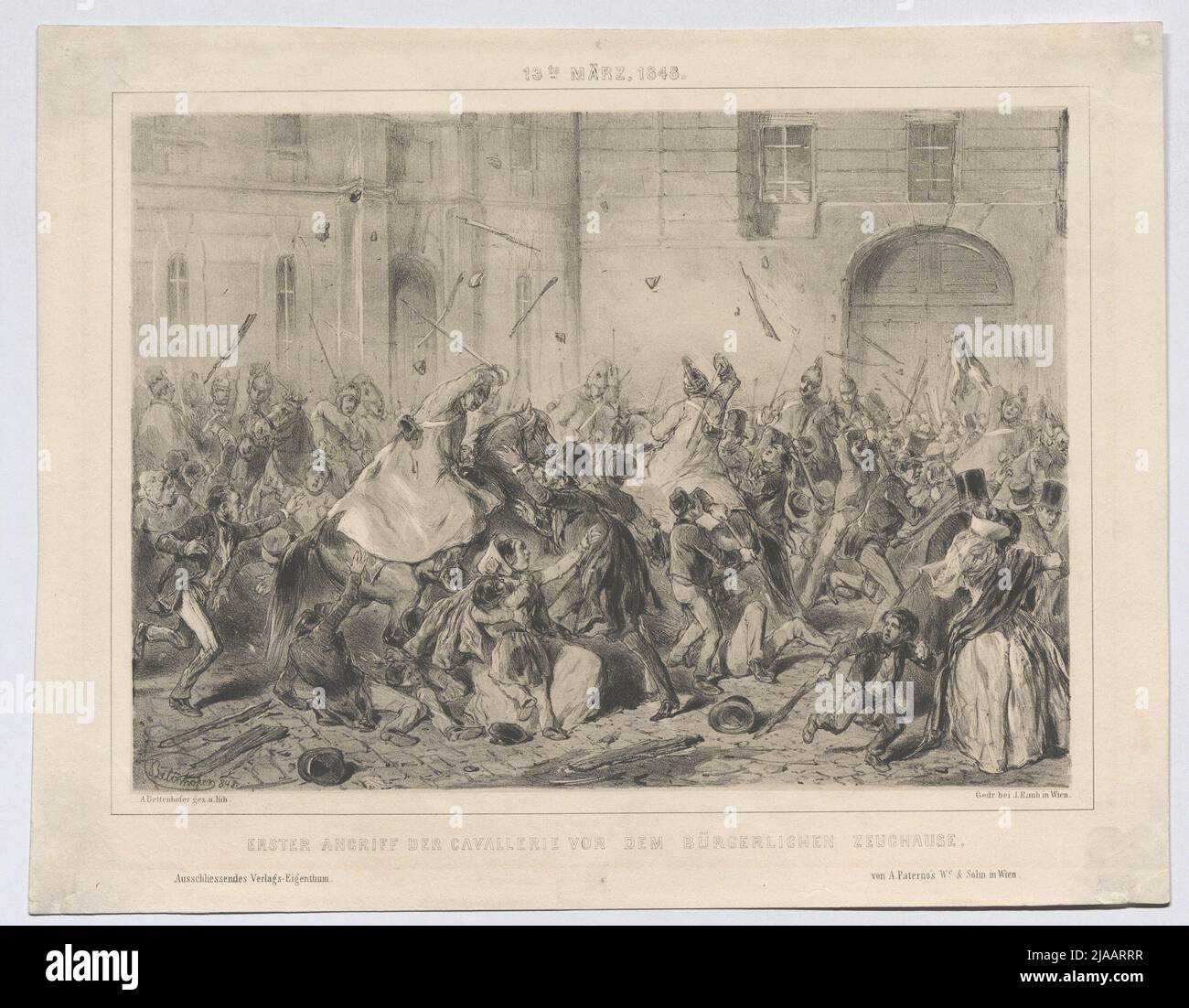 "First attack by the cavalry in front of the bourgeois armory." (on ...