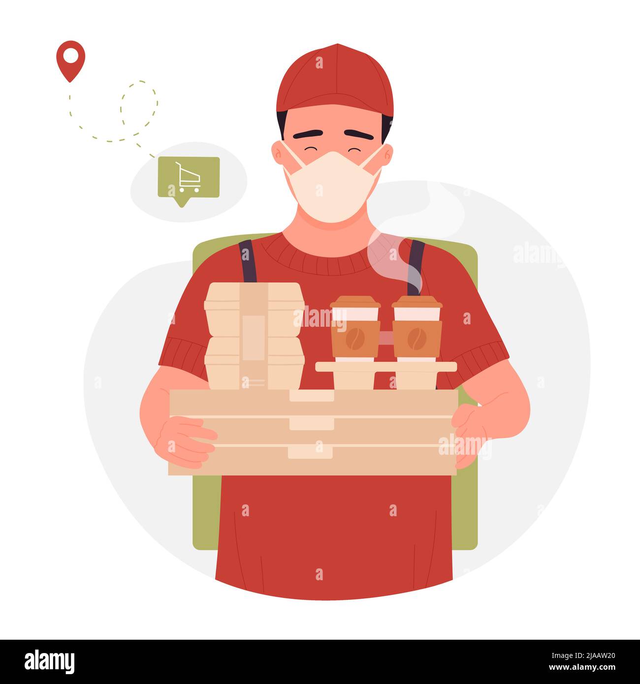 Courier in face mask holding pizza and fast food boxes, hot coffee ...