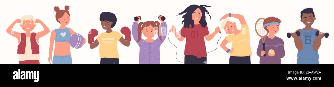 Sport and physical exercises of happy kids set vector illustration ...