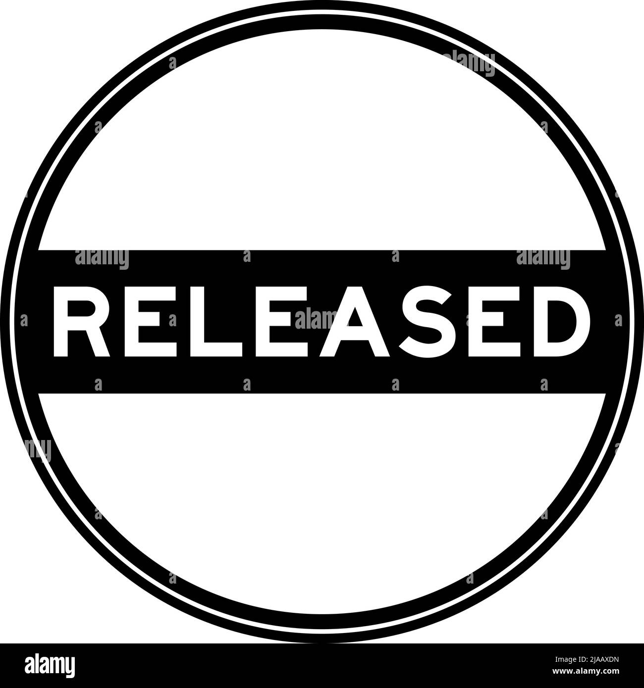 Black color round seal sticker in word released on white background ...