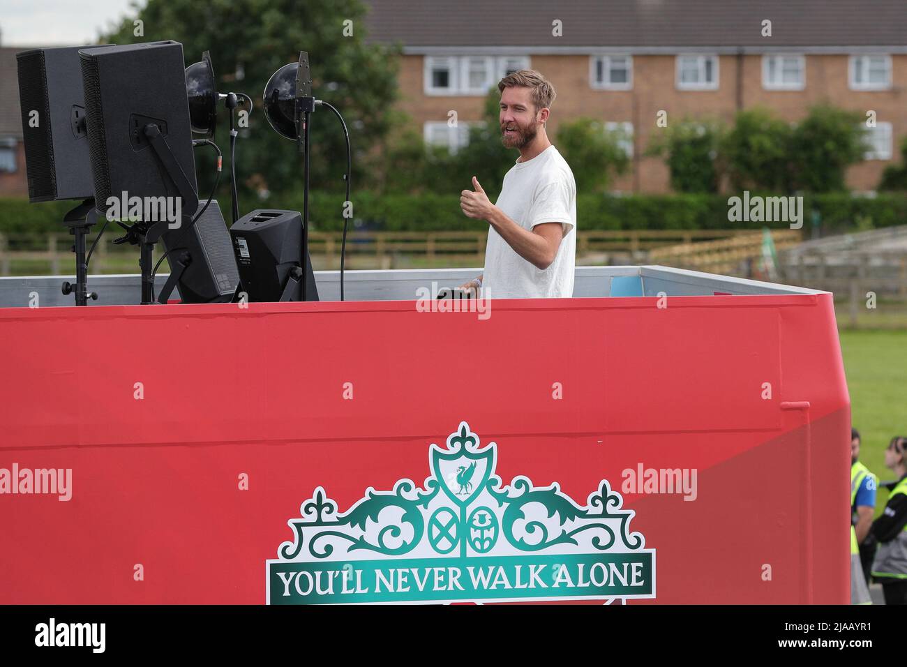 Scottish DJ Calvin Harris performing for the Liverpool FC open top bus ...