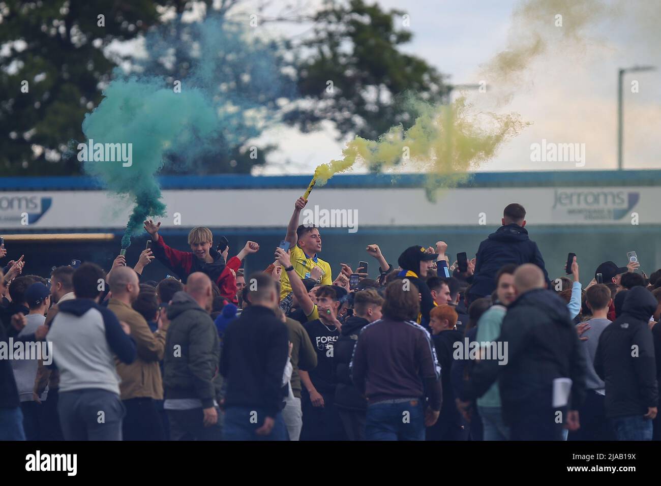 Joe Sbarra #7 of Solihull Moors celebrates his teams win on a fans ...