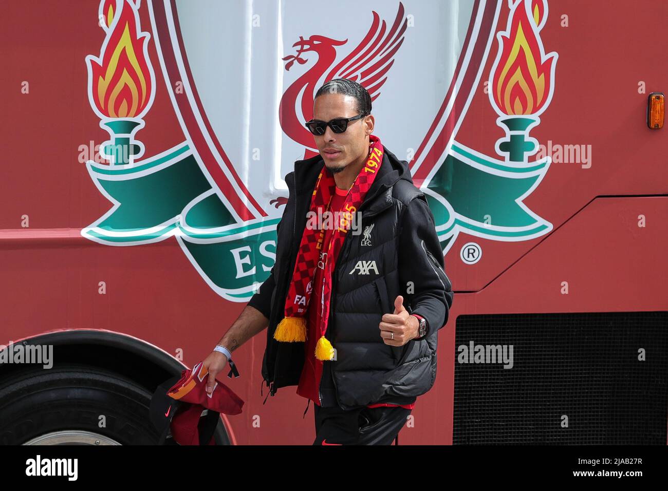 Virgil van Dijk #4 of Liverpool gives the thumbs up as he arrives for ...