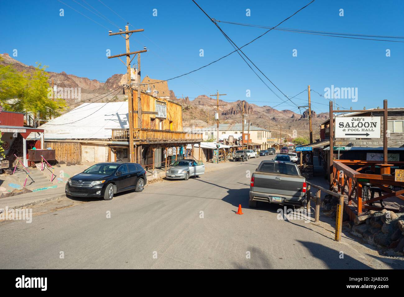 Main street of Oatman, Arizona, USA. Once a thriving mining town, it is ...