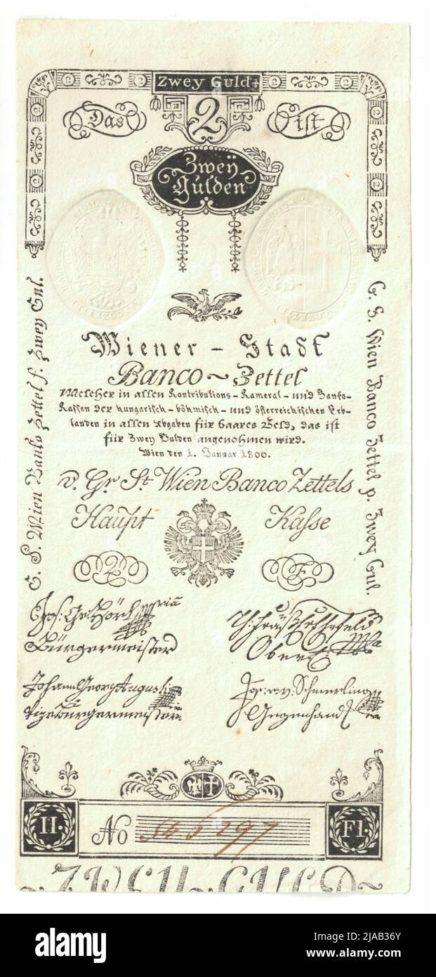 Banco notes, 2 guilders. Wiener Stadt-Banco, Mint Authority Stock Photo ...