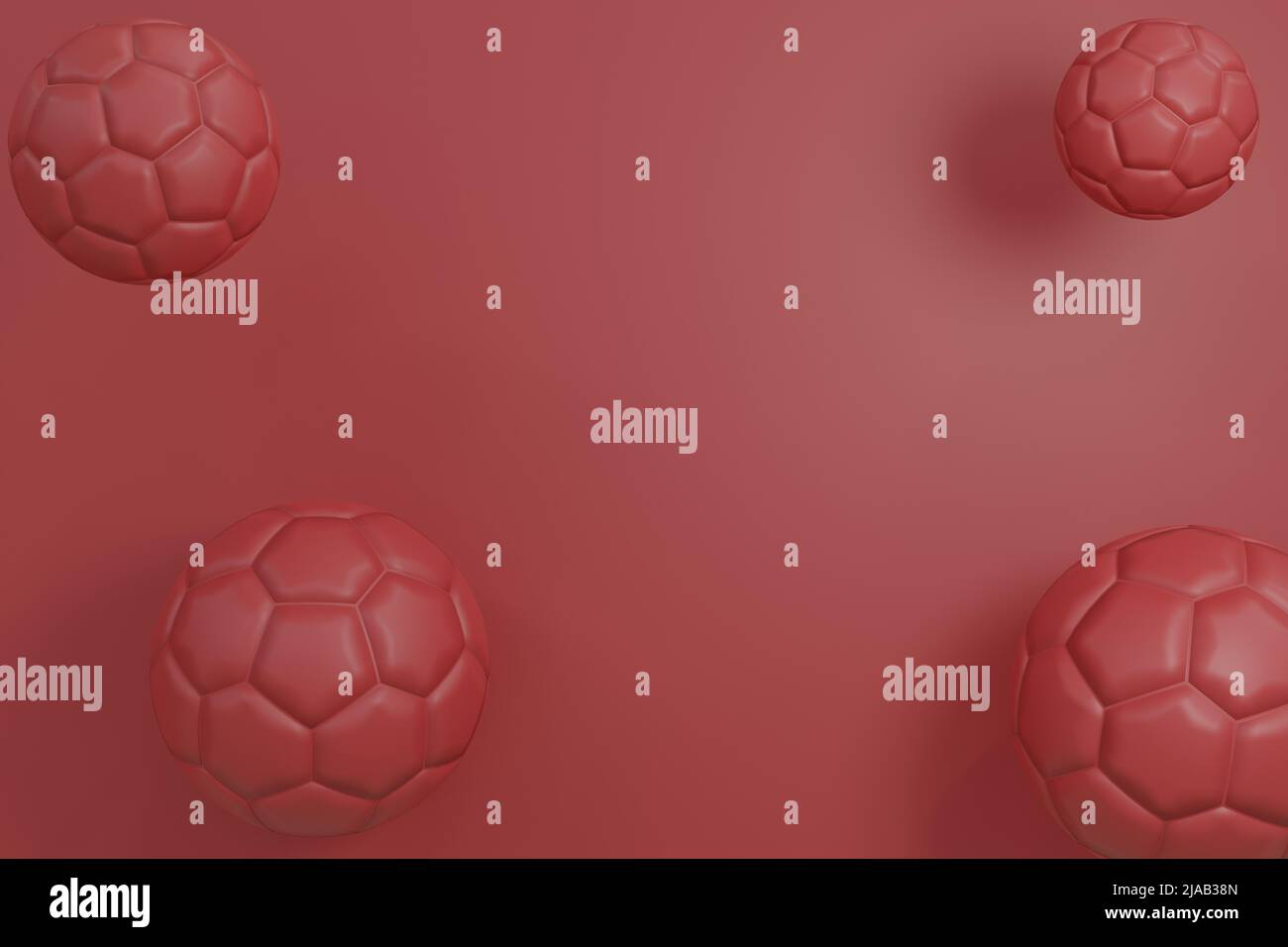 Minimal red color soccer or football balls levitate in the midair ...