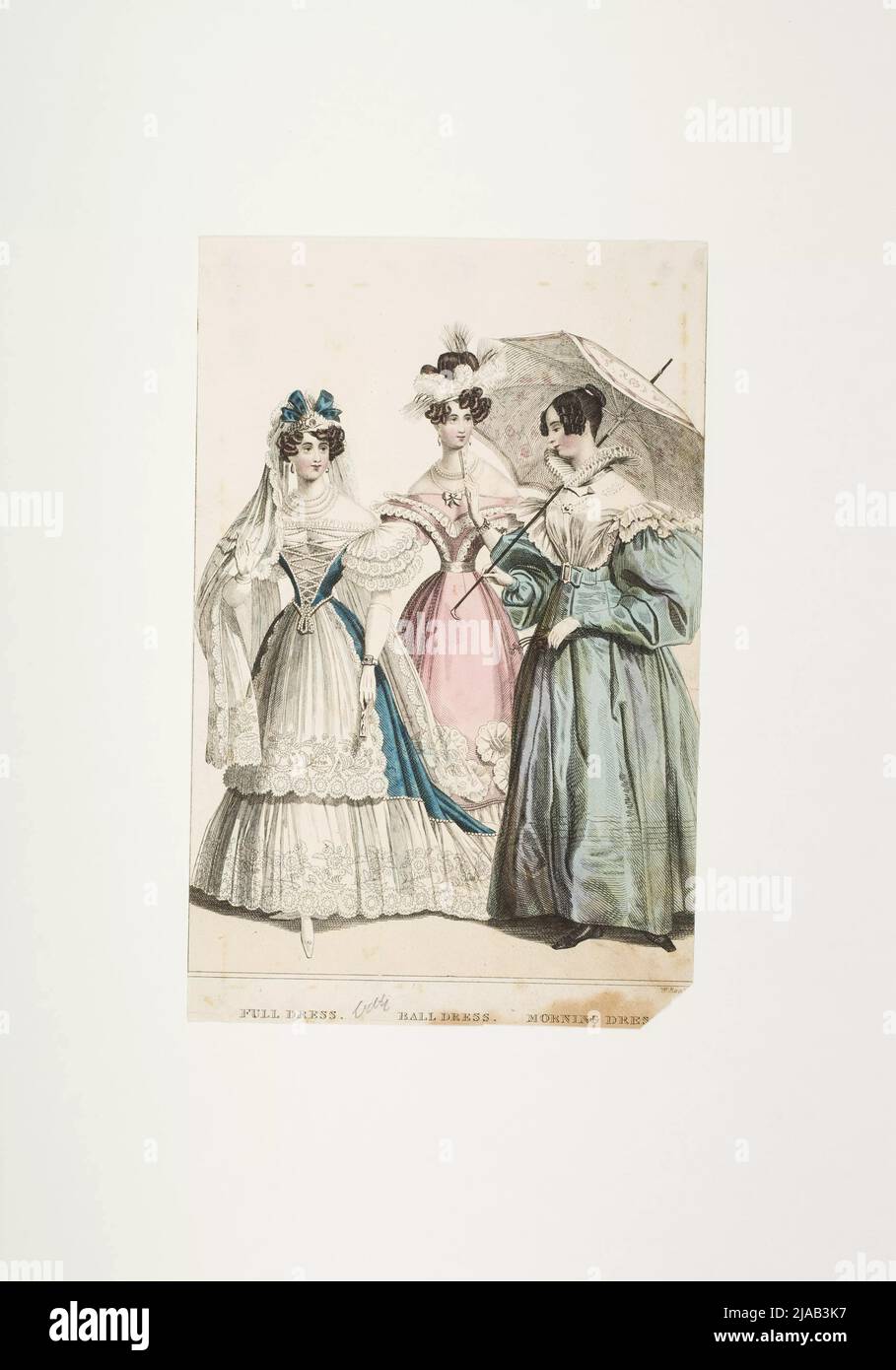 Fashion image: three figures, full dress, ball gown and morning dress ...