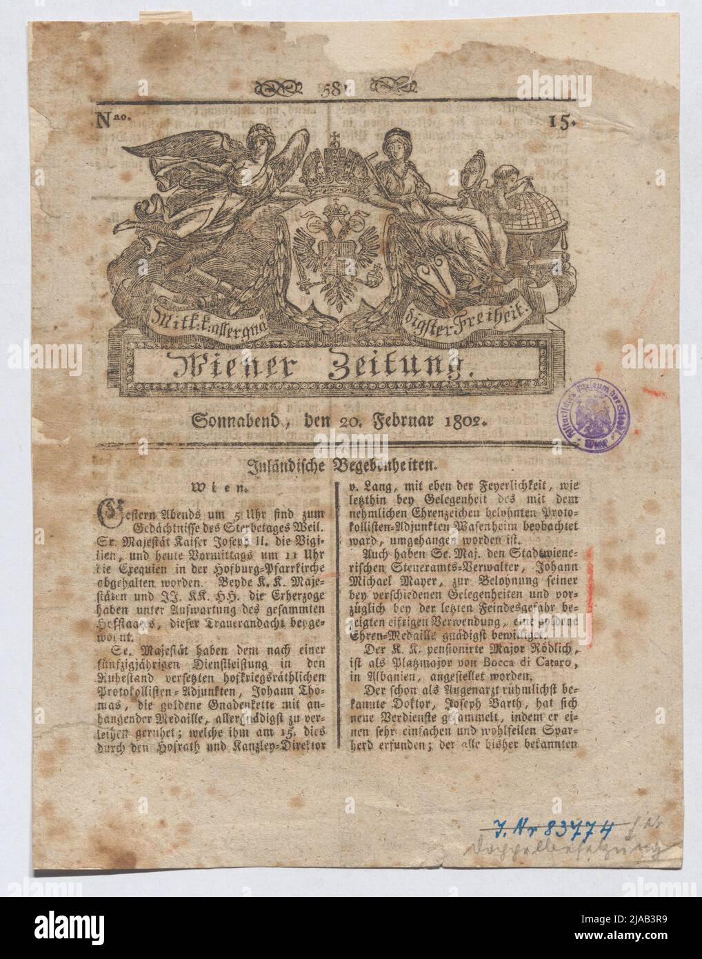 Title page of the Wiener Zeitung of February 20, 1802: Exequias in the ...
