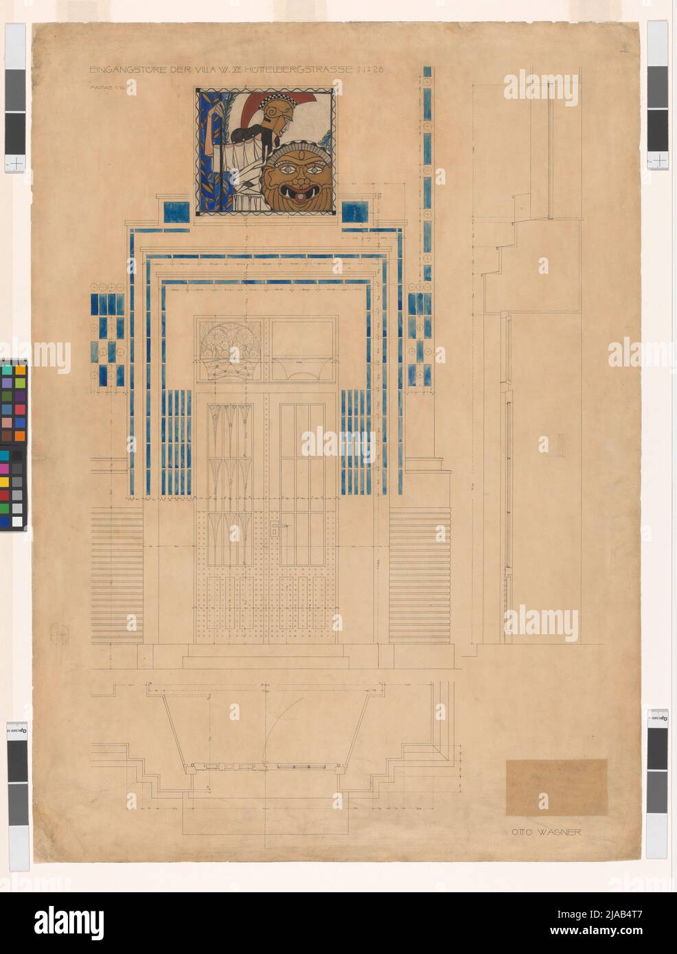 Second Villa Wagner, entrance portal, floor plan, upright, cut. Otto ...