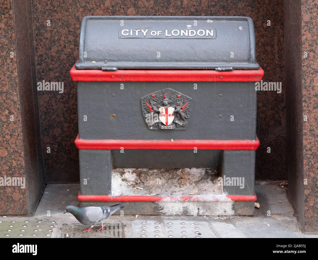 city of London pigeon next to city of London grit box Stock Photo - Alamy
