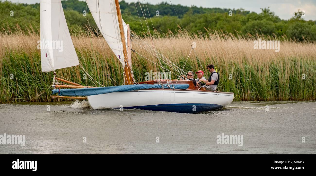 Horning, Norfolk, UK – May 28 2022. A traditional river cruiser sailing ...