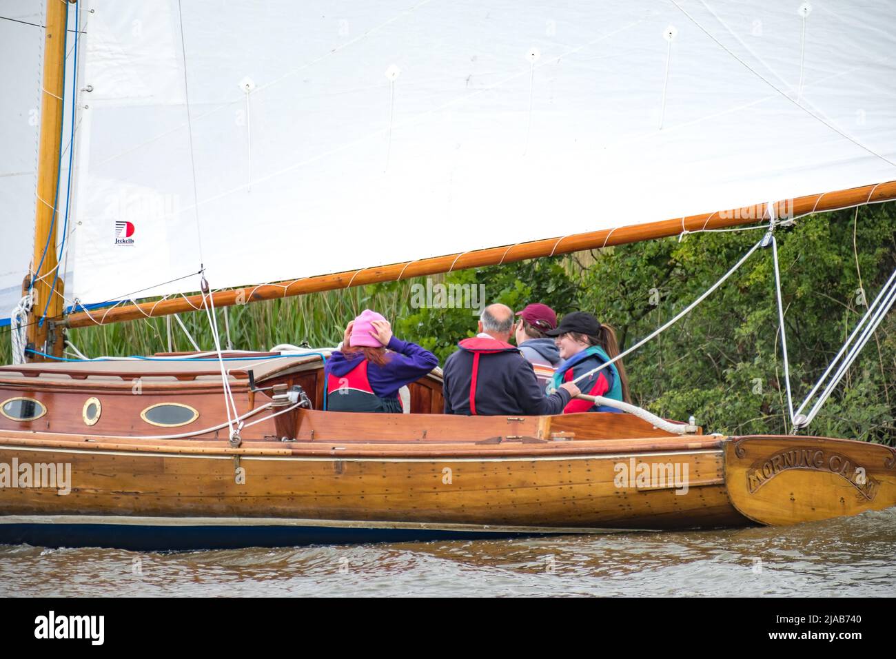 Horning, Norfolk, UK – May 28 2022. Morning Calm, a traditional river ...
