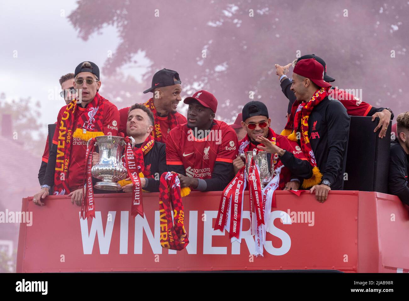 Queens Drive, Liverpool, UK. 29th May, 2022. The open-top bus parade to ...